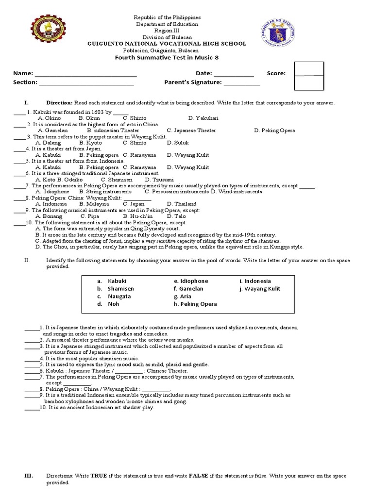 Grade 8 Music Fourth Summative Test | PDF | Theatre | Entertainment