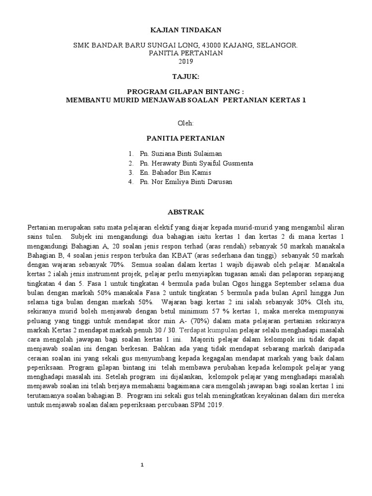 2019 Kajian Tindakan PTN SMKBBSL | PDF