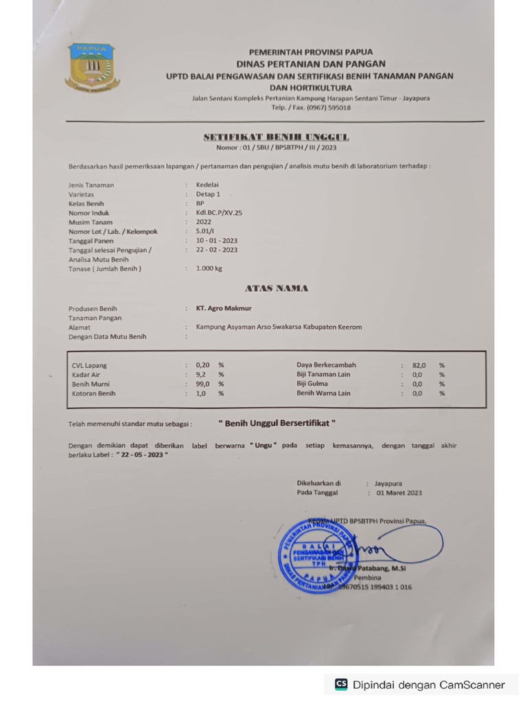 Sertifikat Dan Hasil Pengujian Mutu Benih | PDF