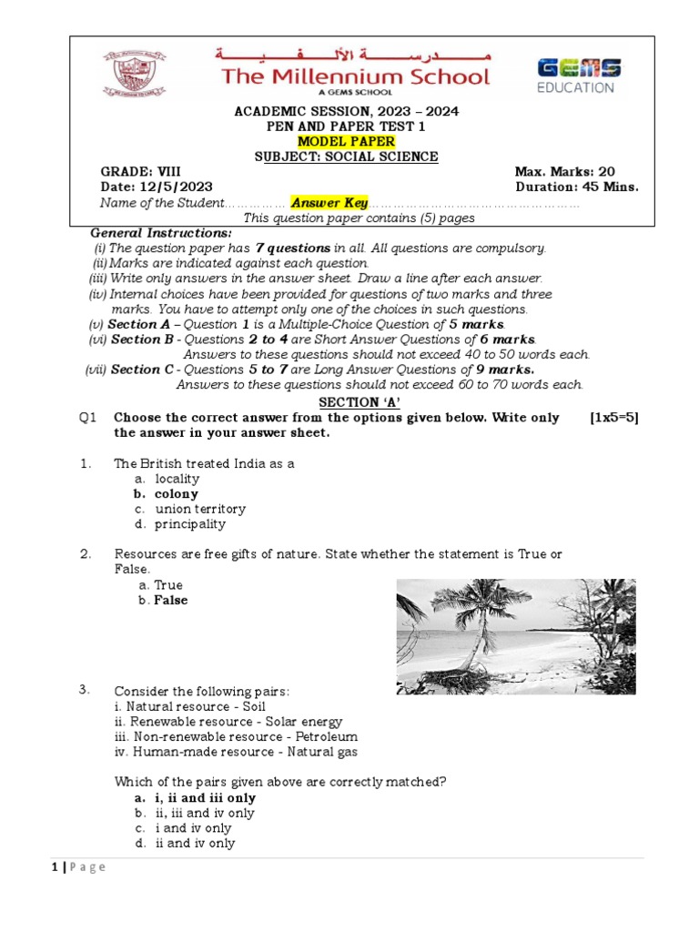 GR 8 - PT1 Model Paper- Answer Key 2023 | PDF