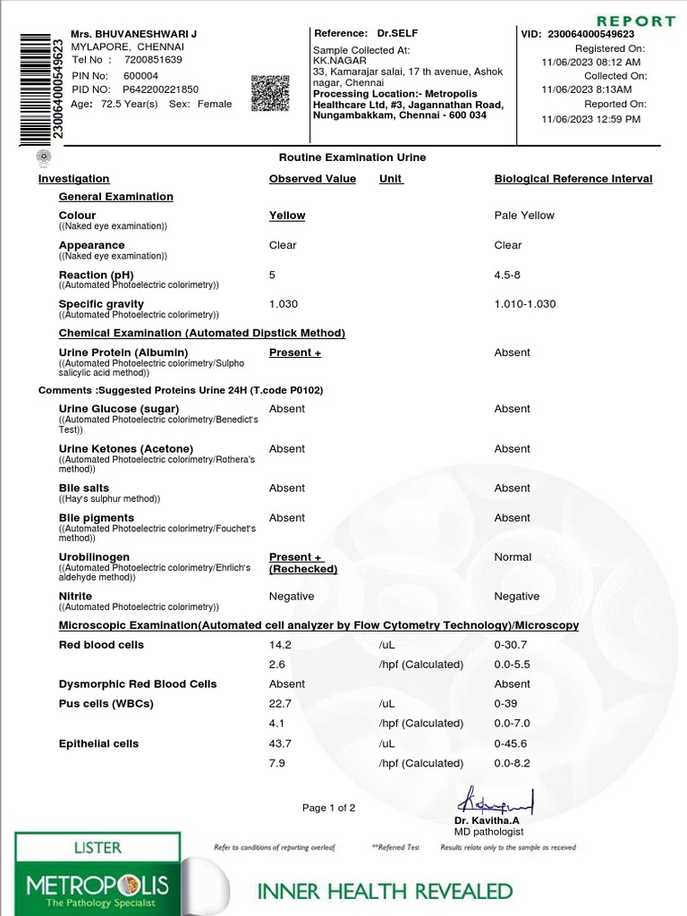Urine Analysis Report for Mrs. Bhuvaneshwari | PDF | Chemistry ...