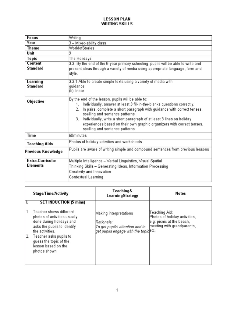 LESSON PLAN WRITING SKILLS Focus Writing | PDF | Teachers | Lesson Plan