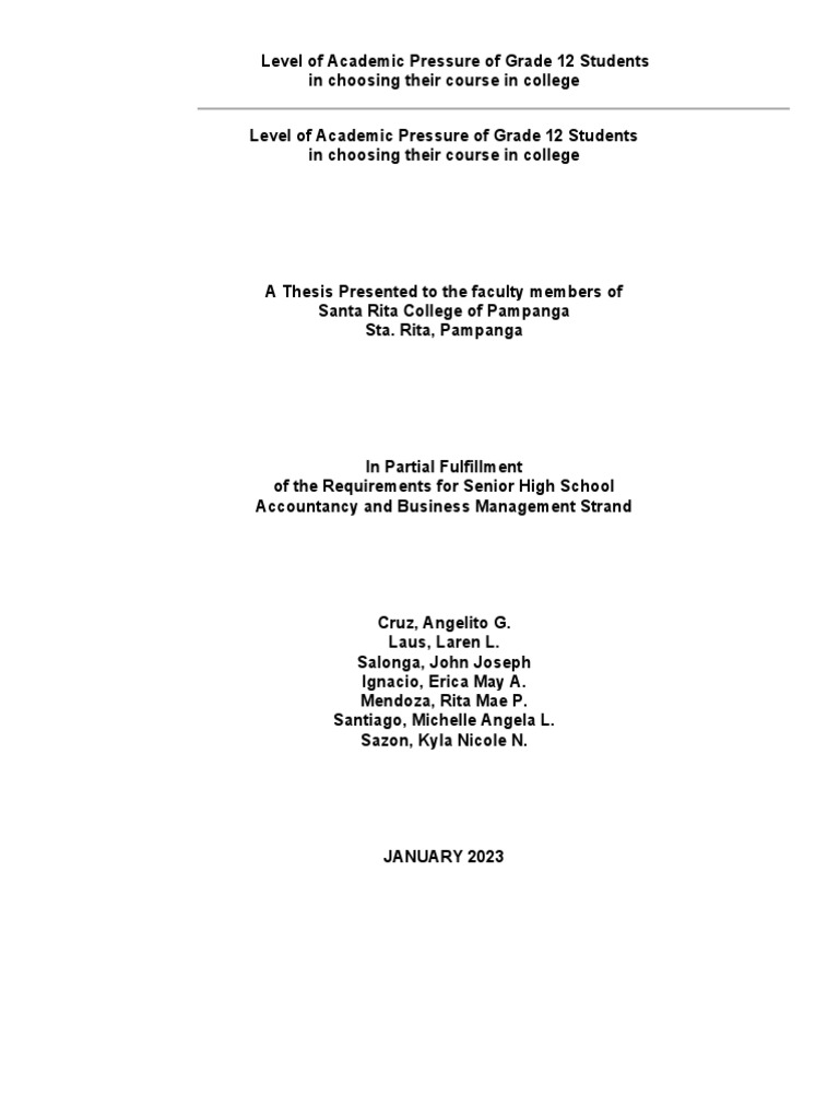 Level of Academic Pressure of Grade 12 Students in Choosing Their ...