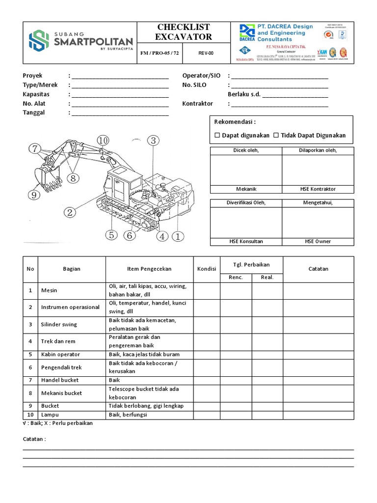Form Inspeksi Excavator R1 | PDF