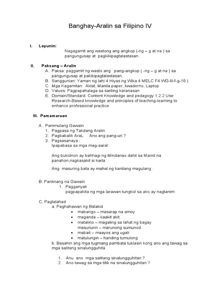 Banghay Aralin Sa Filipino 4 | PDF
