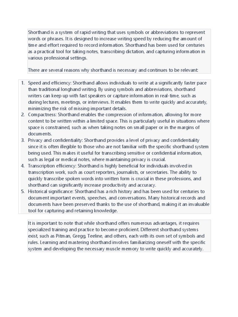 Shorthand Is A System of Rapid Writing That Uses Symbols or Abbreviations To Represent Words or ...