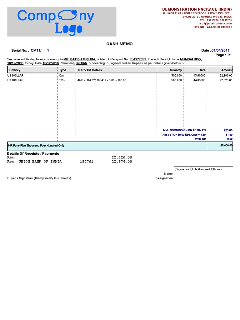 Printable Cash Memo Example | PDF | Service Industries | Financial Markets