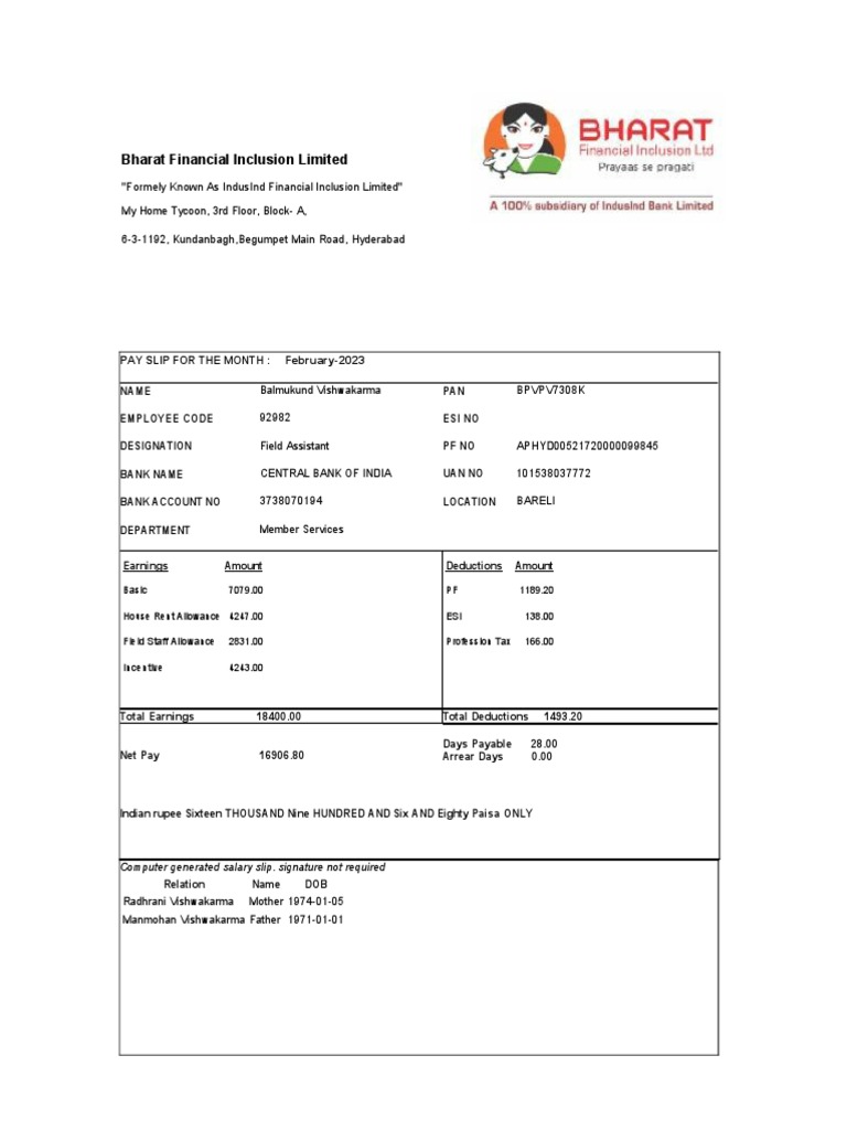 Bharat Finance February 2023 Salary Slip | PDF