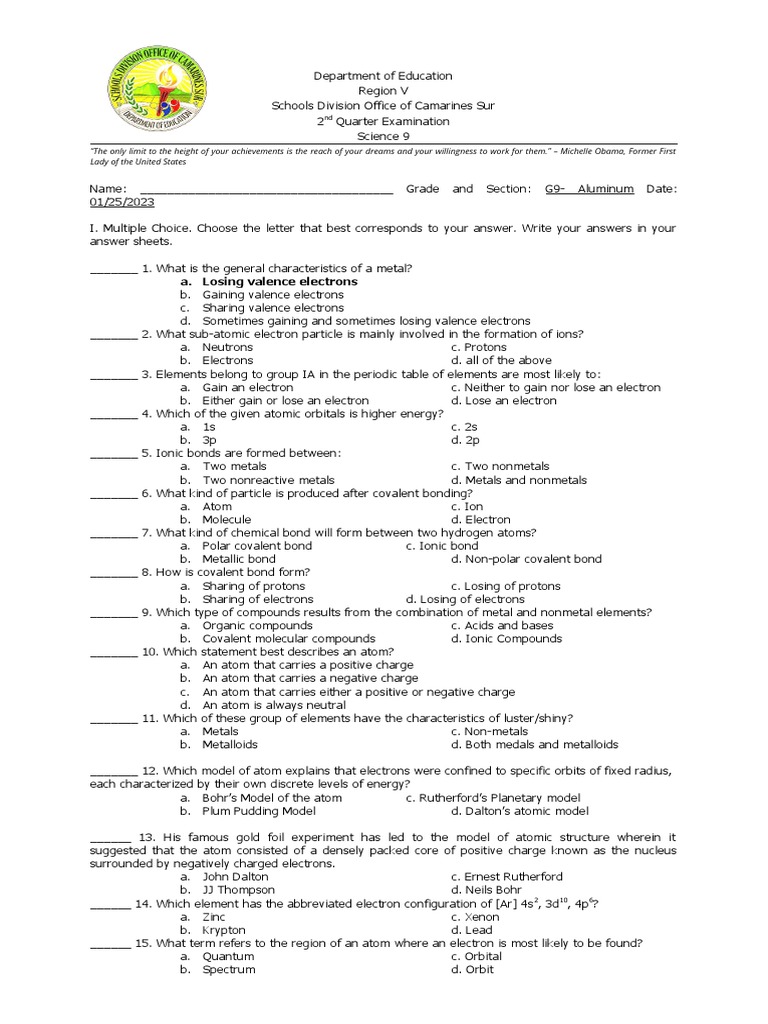 Science 9 2nd QTR Exam With Answer Key | PDF | Chemical Bond | Covalent Bond