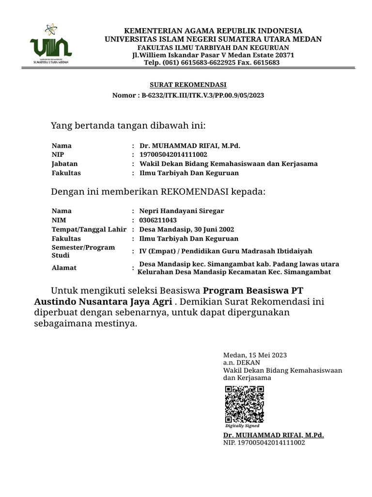 Surat Rekomendasi Beasiswa | PDF