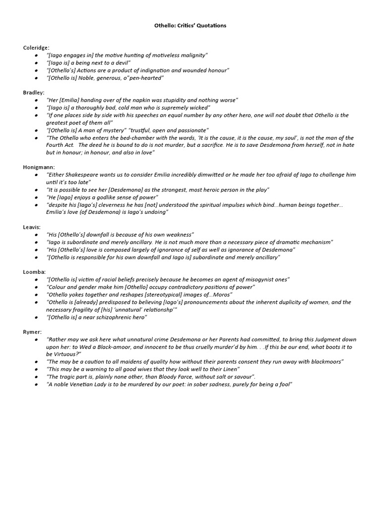 Othello - Critic Quotations | PDF | Othello | Iago