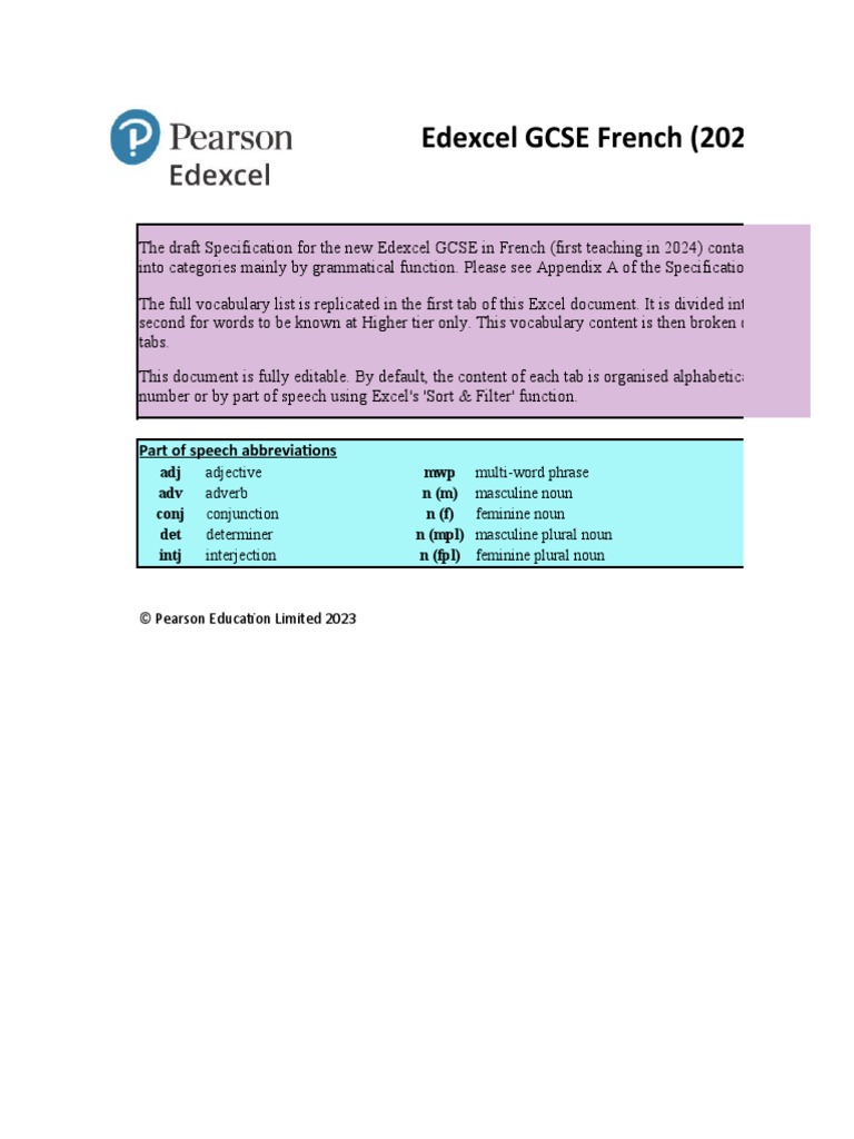 French Gcse 2024 Vocabulary List | PDF | Part Of Speech | Grammatical ...