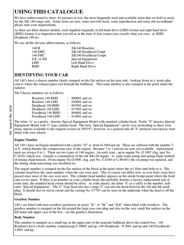 XK140 Parts Catalogue Overview | PDF | Piston | Distributor