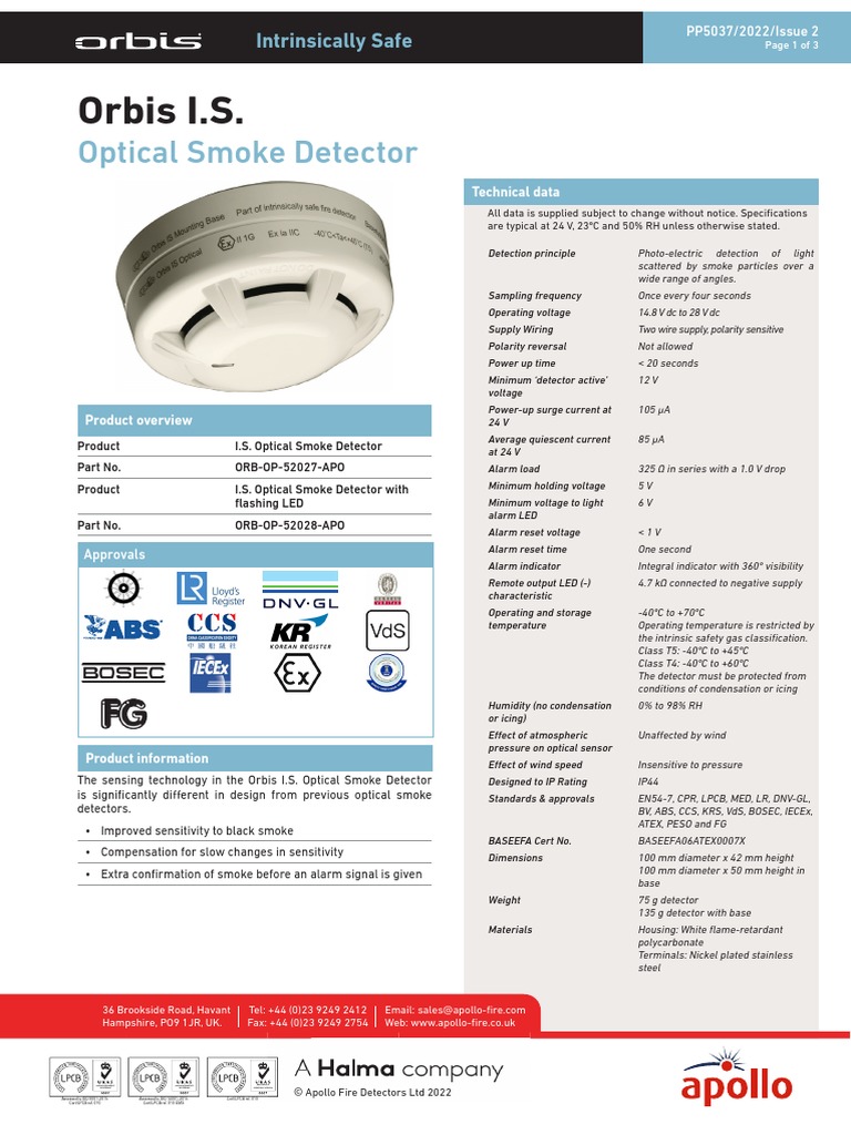 PP5037 Orbis I.S. Optical Smoke Detector Datasheet | PDF | Sensor ...