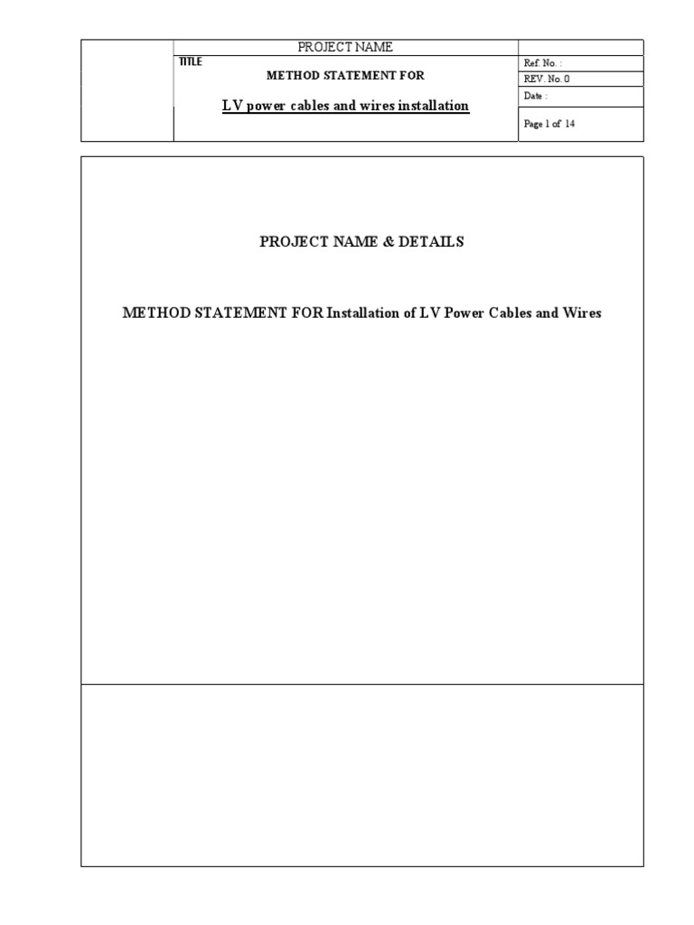 METHOD STATEMENT FOR Installation of LV Power Cables and Wires | PDF | Electrical Wiring ...