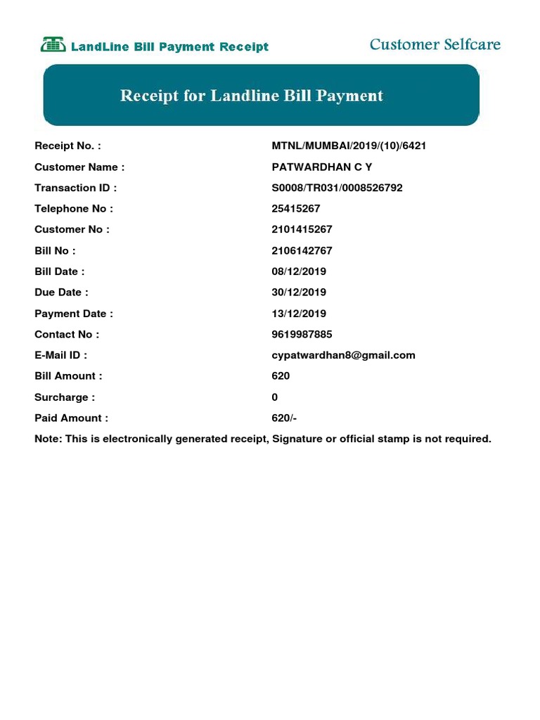 MTNL Mumbai Payment Receipt | PDF
