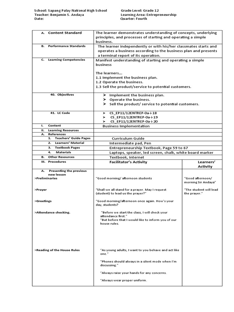 Grade 12 Entrepreneurship Lesson Plan | PDF | Sales | Business