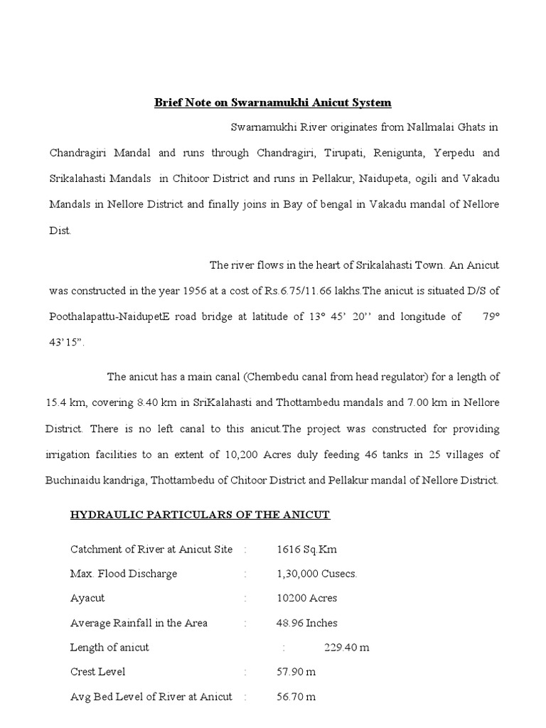 Swarnamukhi Anicut System Overview | PDF | River | Environmental Science