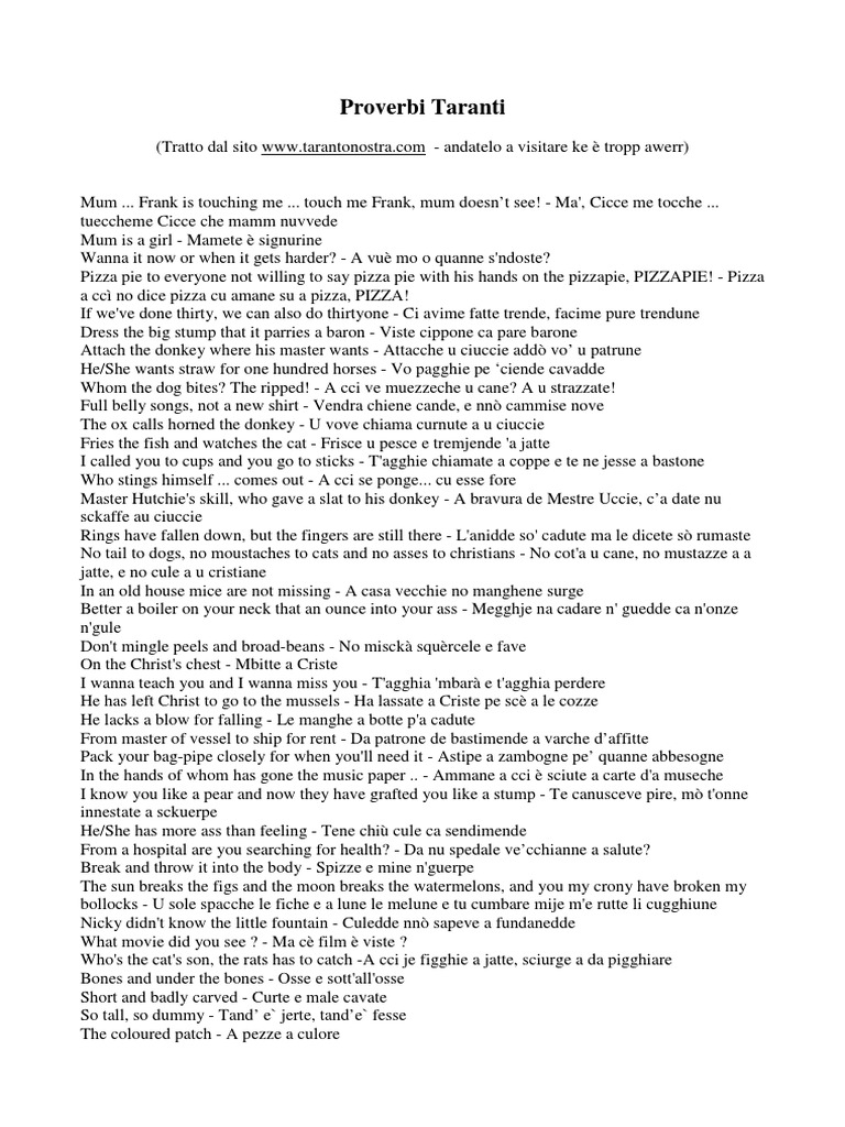 Proverbi Tarantini Tradotti in Inglese | PDF