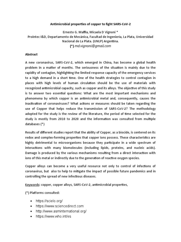 Antimicrobial Properties of Copper To Fight SARS-CoV-2 | PDF