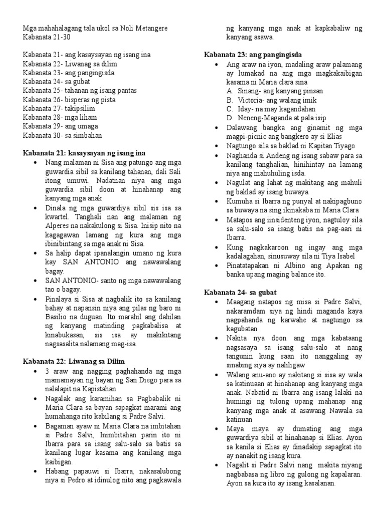 Mga Mahahalagang Tala Ukol Sa Noli Metangere Kab 21 30 | PDF