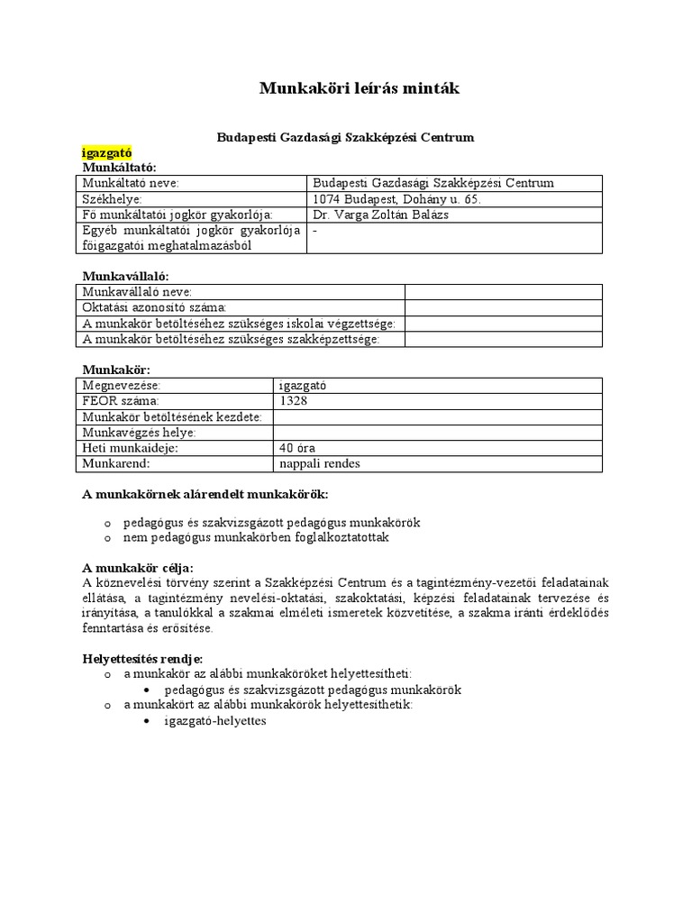Munkaköri Leírás Minták | PDF
