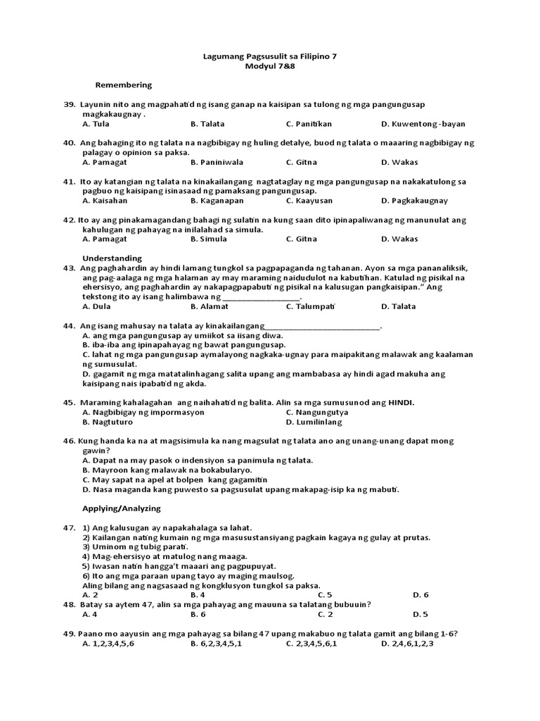 Lagumang Pagsusulit Sa Filipino 7 | PDF