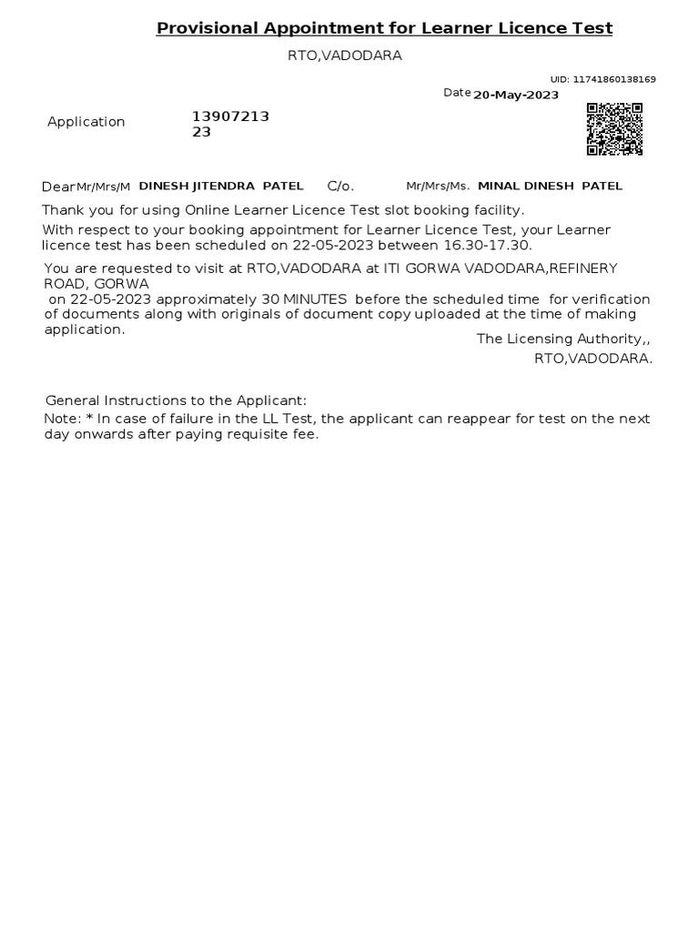 Provisional Appointment For Learner Licence Test | PDF