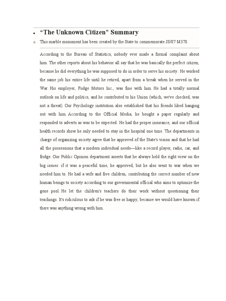 The Unknown Citizen Summary | PDF