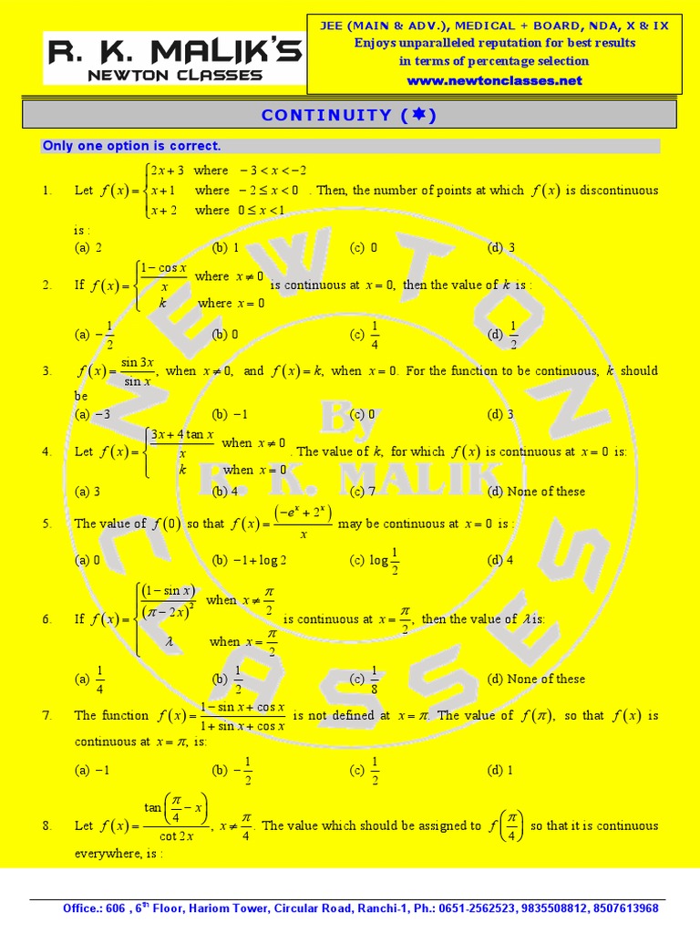 NDA Previous Year Questions CONTINUITY | PDF | Trigonometric Functions | Mathematical Relations