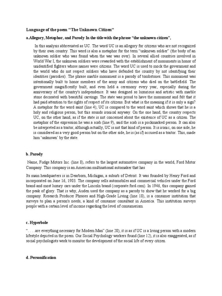 "The Unknown Citizen" Poem Analysis | PDF | Social Science | History