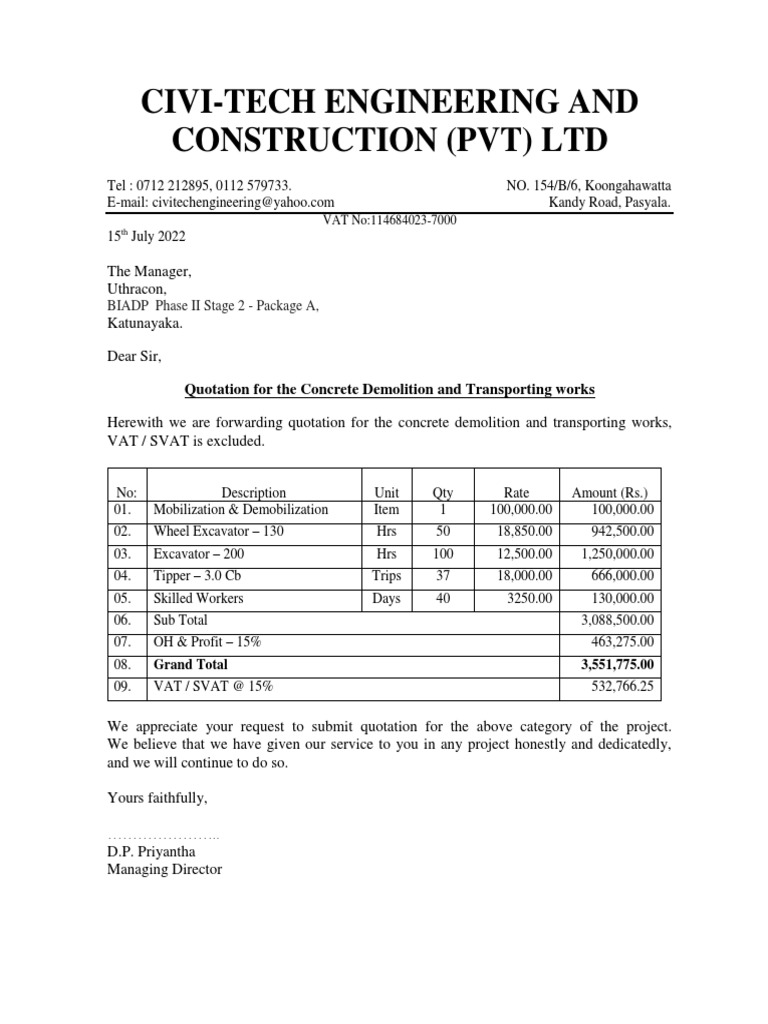 Demolition Quotation for BIADP Project | PDF