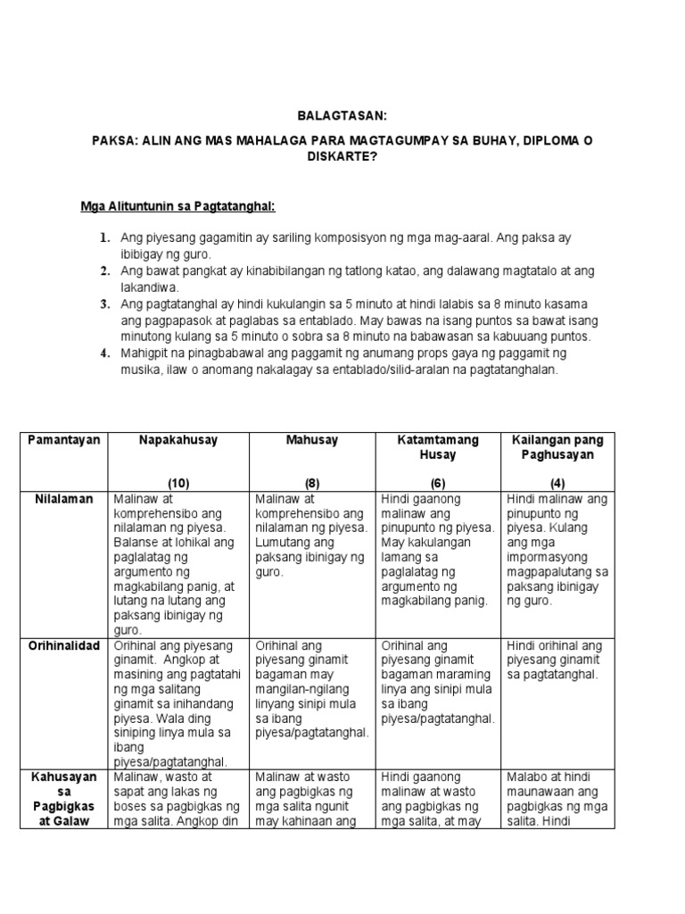 Rubriks Balagtasan | PDF