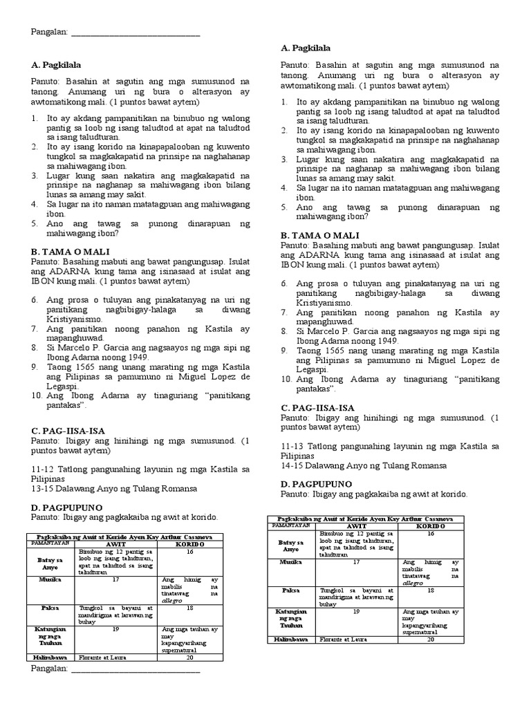 Pagsusulit 1 Ibong Adarna | PDF