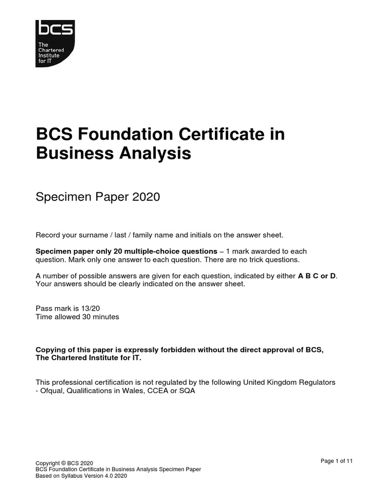 BCS Foundation Certificate in Business Analysis Sample Exam | PDF | Business
