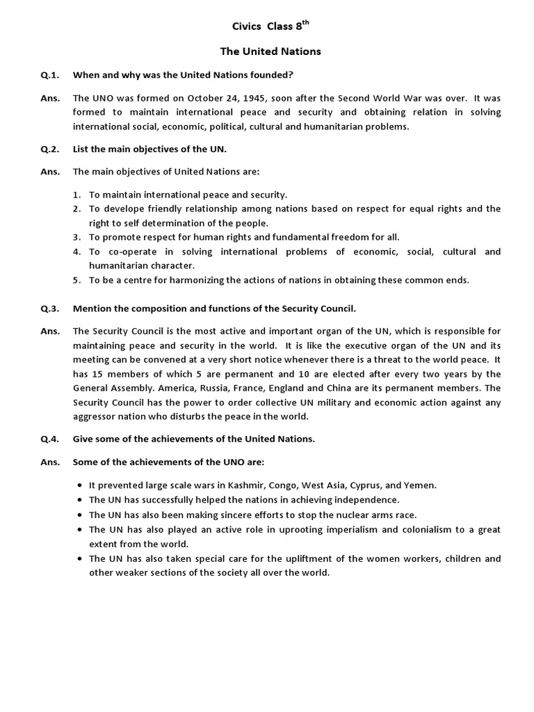 The United Nations Class 8th | PDF