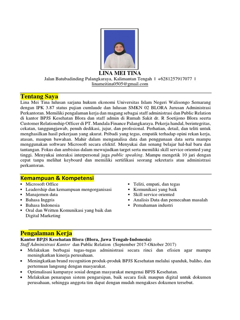 CV Dan Surat Lamaran MT-BPD ADMINSTRATION LINA | PDF