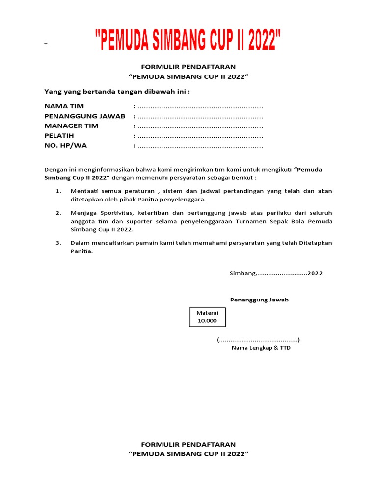 Contoh FORMULIR PENDAFTARAN Futsal | PDF