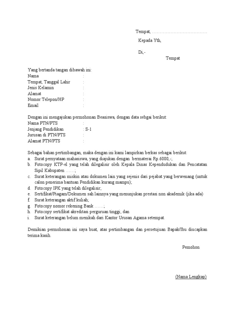 contoh Surat Pengajuan Permohonan Beasiswa | PDF