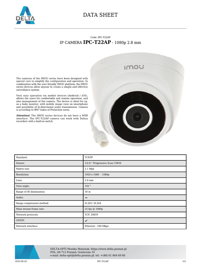 Delta Opti Datasheet IPC T22AP | Download Free PDF | Port (Computer Networking) | Computer Network