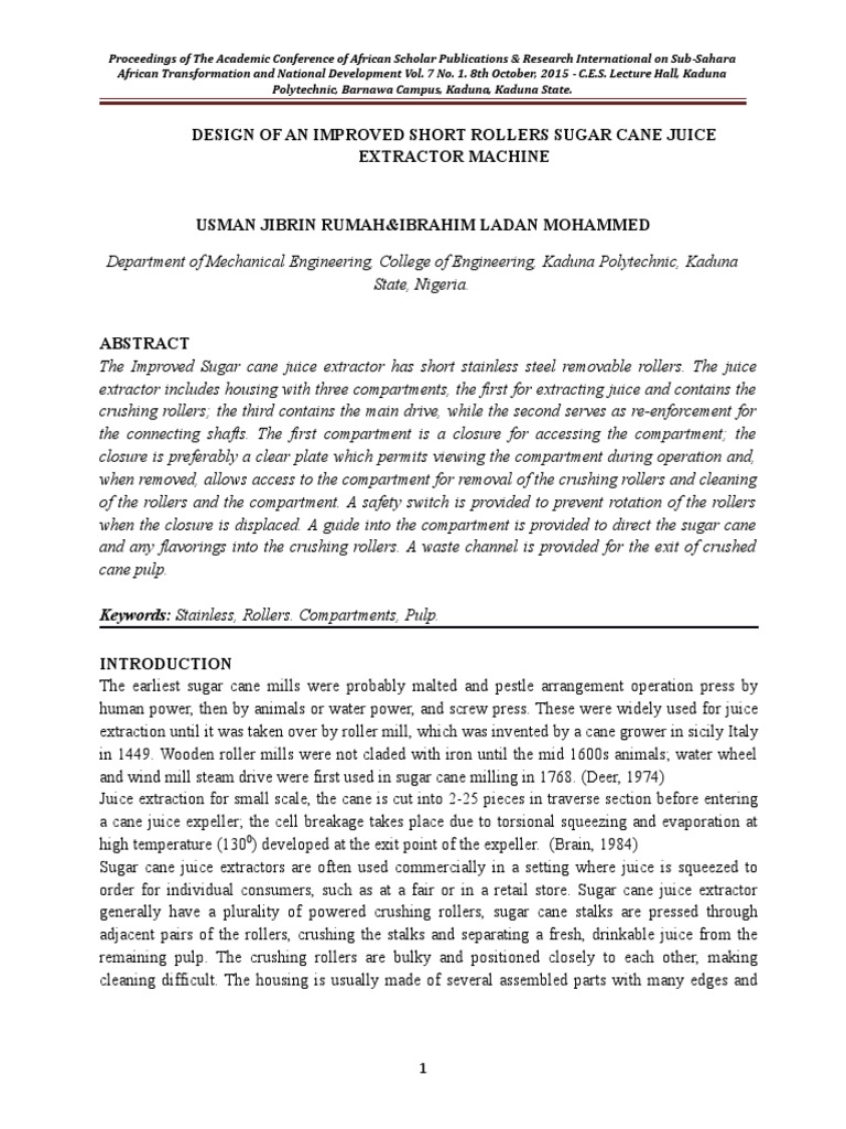 Design of An Improved Short Rollers Sugar Cane Juice Extractor Machine ...