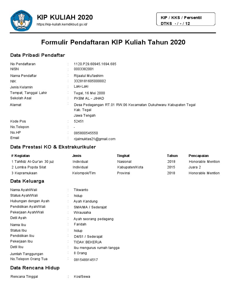 1120P29609451694685 Formulir Peserta KIP Kuliah 2020 | PDF