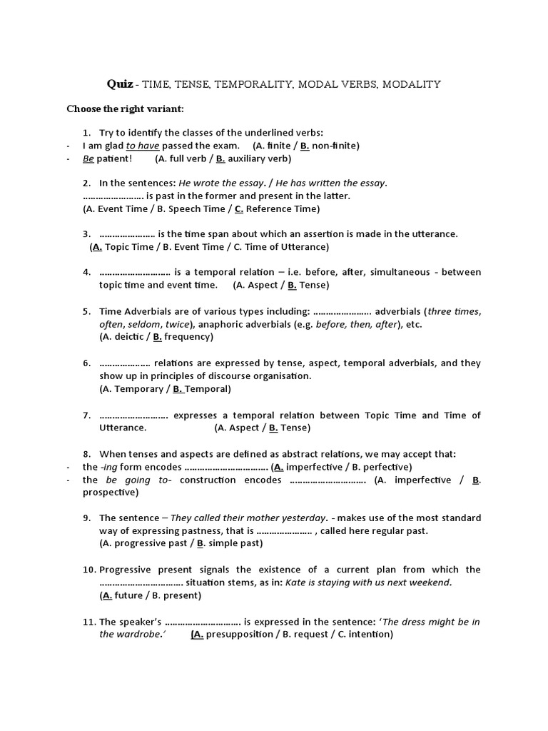 Rezolvat Quiz Time, Tense, Temporality, Modality (Multiple Choice ...
