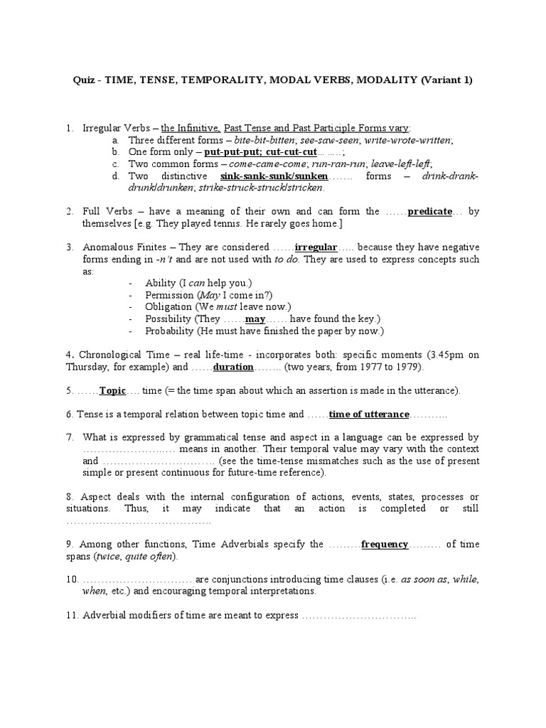 Rezolvat Quiz Time, Tense, Temporality, Modality (Variant 1) | PDF | Grammatical Tense | Verb