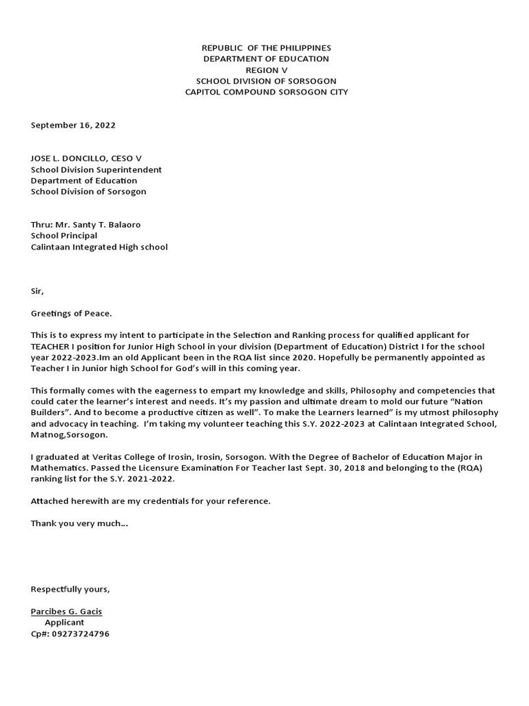 Letter of Intent for Teacher I Position | PDF