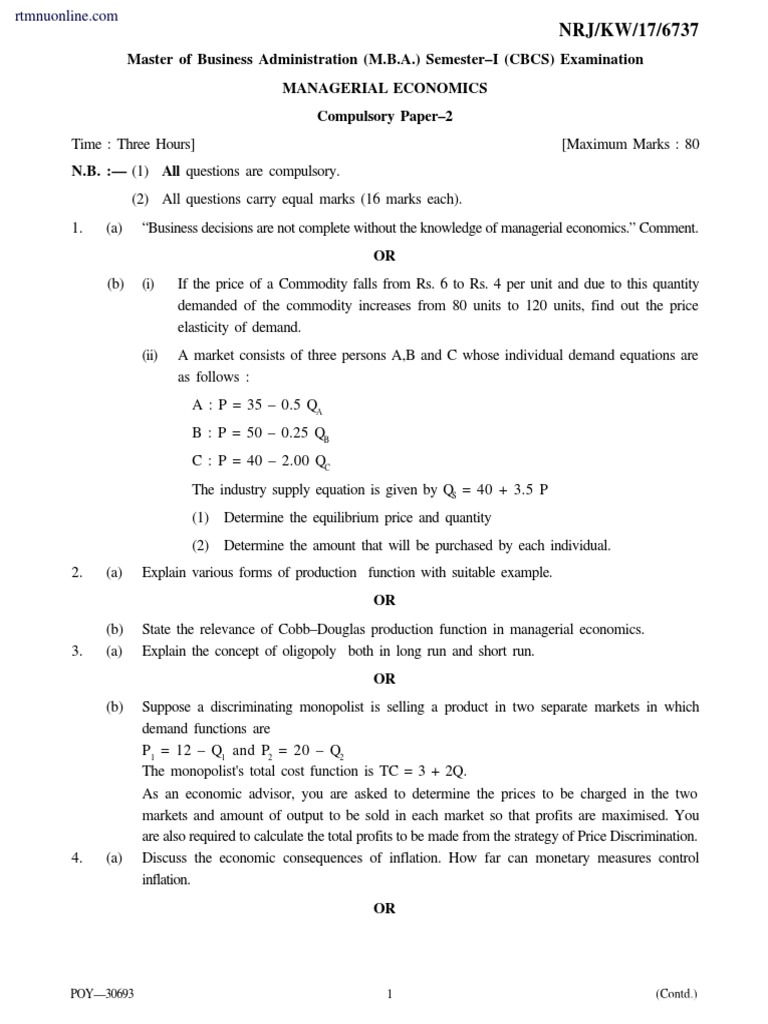 Mba 1 Sem Managerial Economics Cbcs Winter 2017 | PDF | Demand | Monopoly