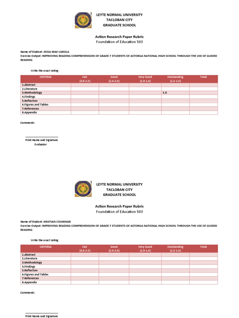 Carola Colminar Dagami Miras Action Research Paper Rubric | PDF | Rubric (Academic) | Methodology