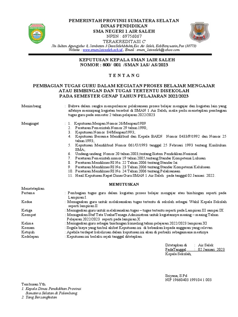 SK PEMBAGIAN TUGAS GENAP TP 2022-2023 | PDF