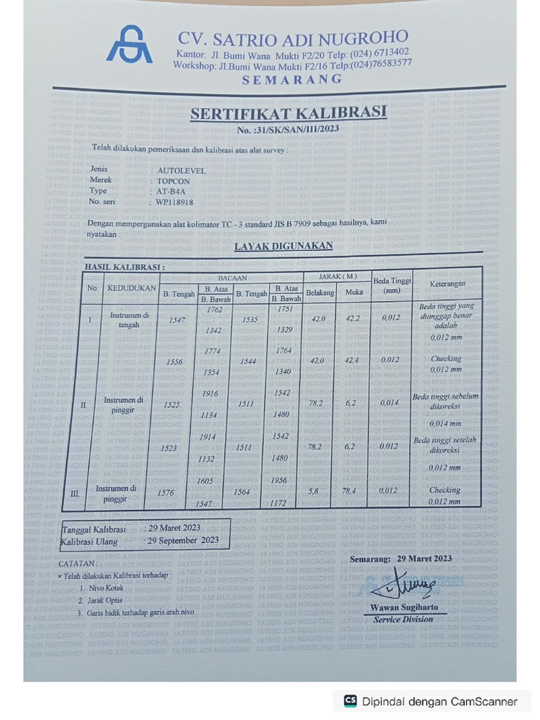 Sertifikat Kalibrasi Auto Level (TopCon AT-B4A Seri WP118918) | PDF