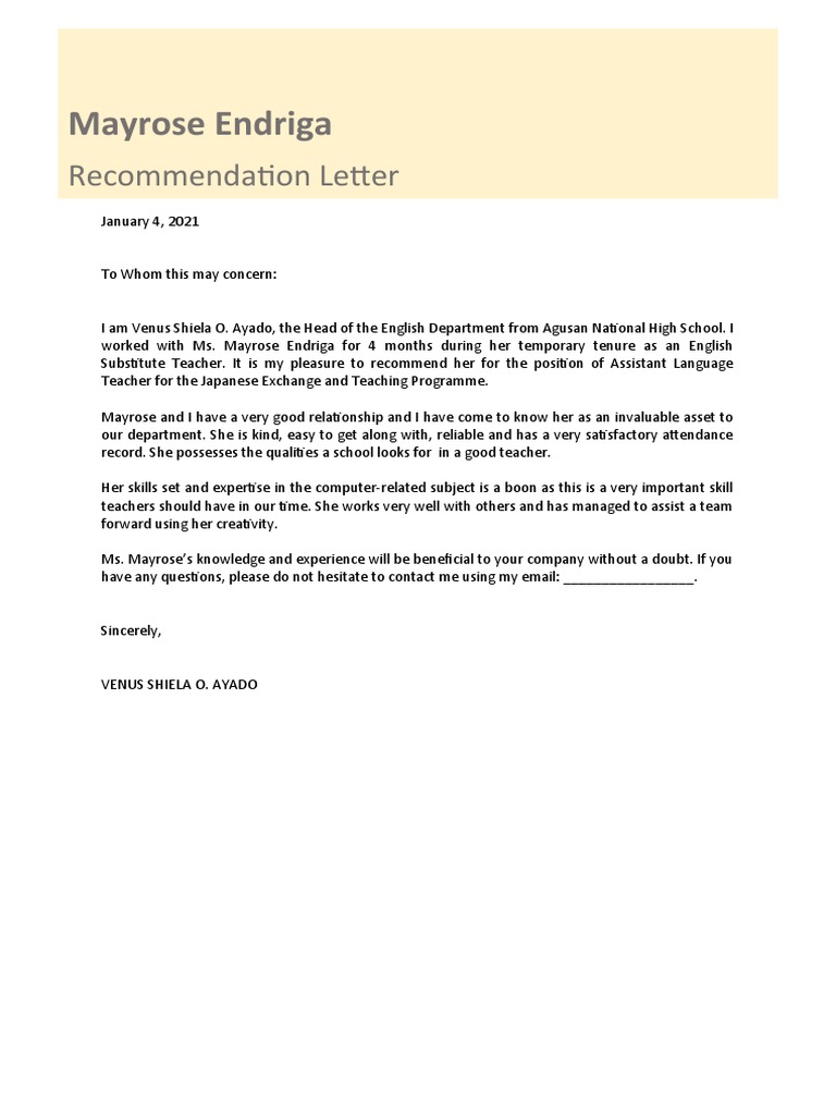recommendation letter sample | PDF